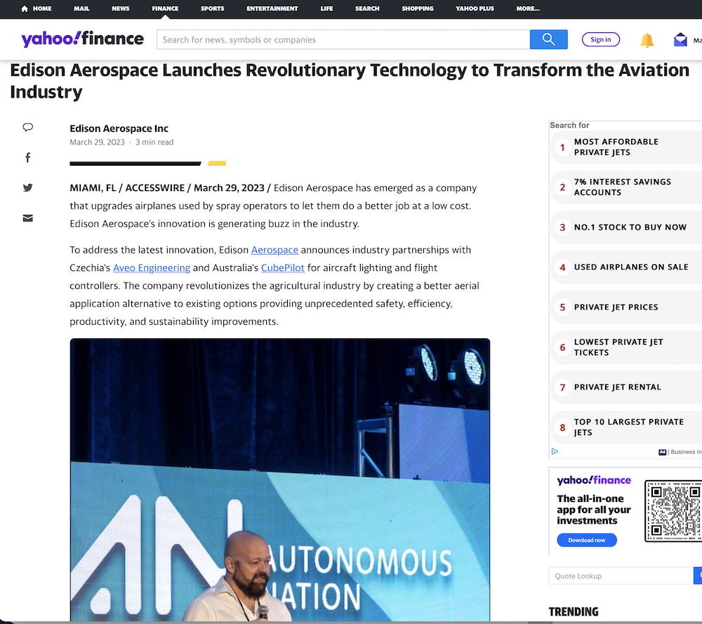 Yahoo Finance: Edison Aerospace Launches Revolutionary Technology